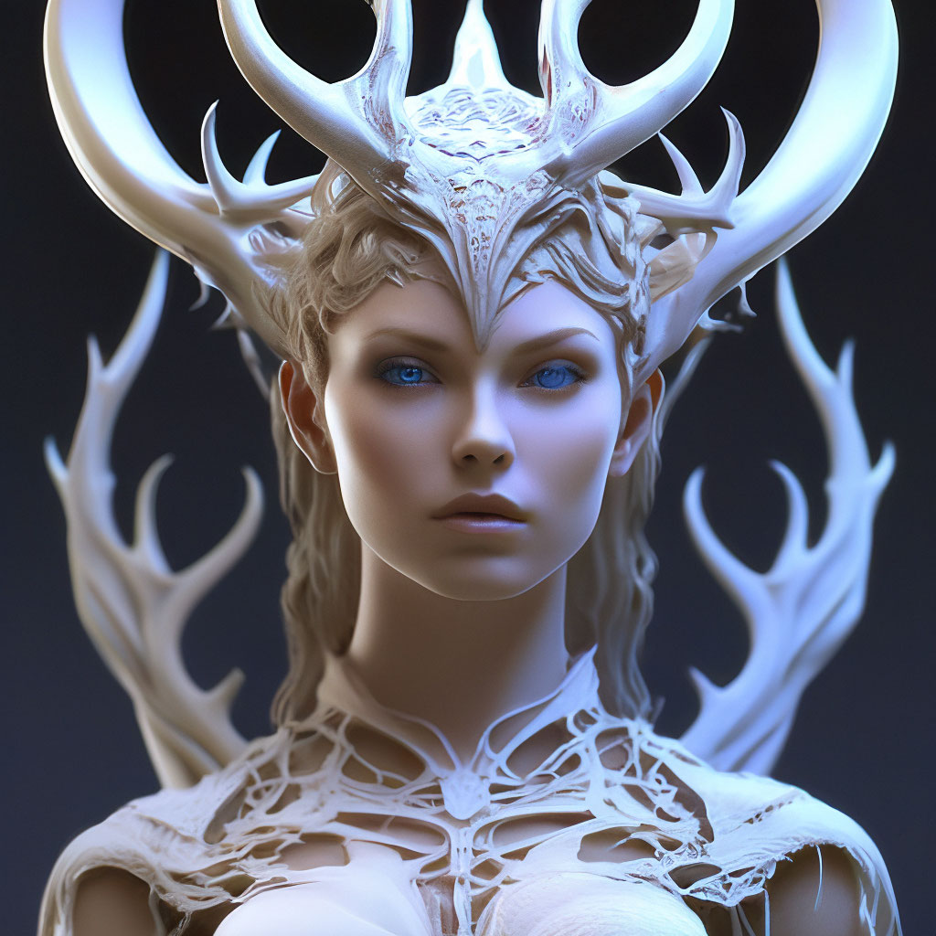 "Fawn woman, blue eyes, expressive horns, sculpture, hyperdetalization ...