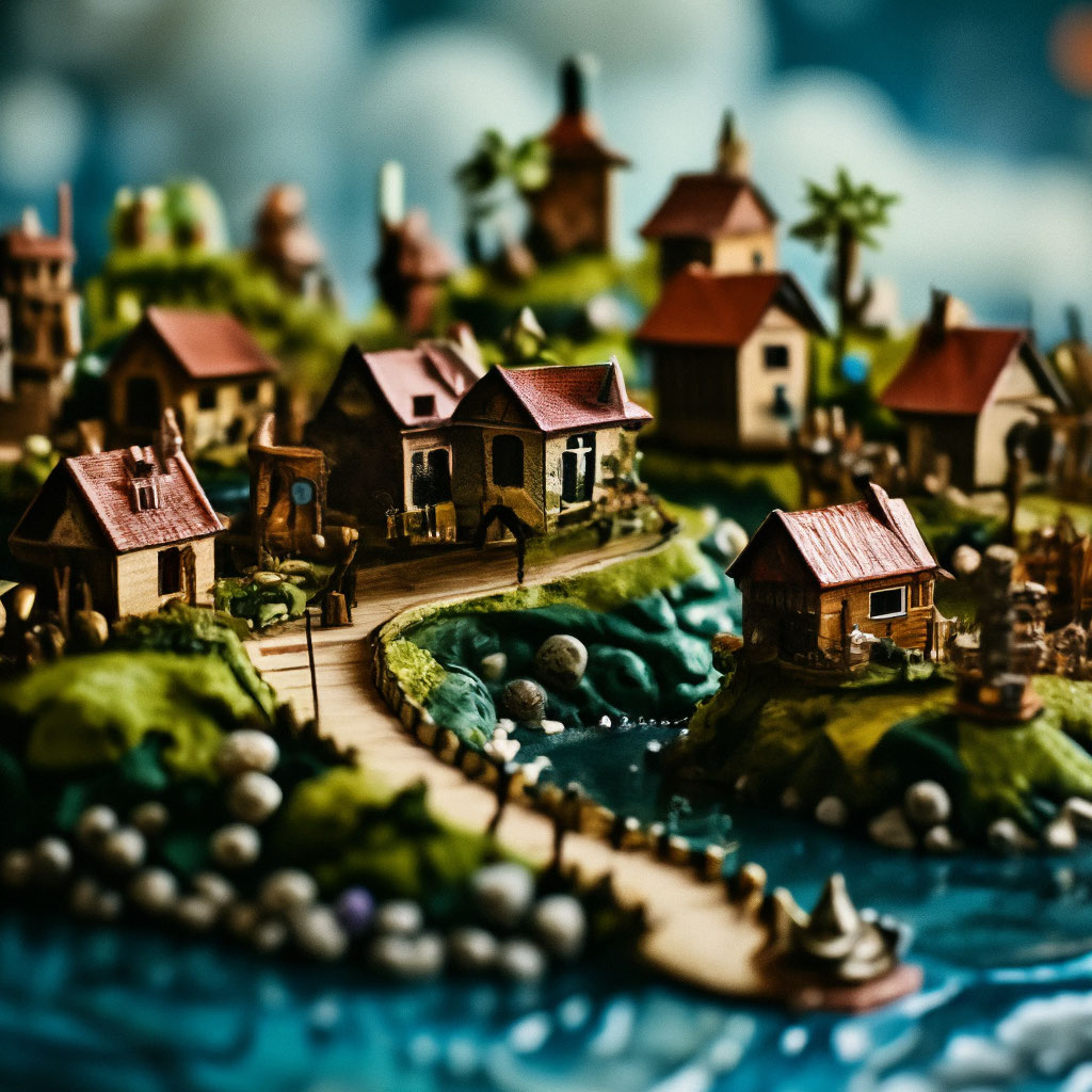 "Plasticine village ...standing on a small island" — image created in ...