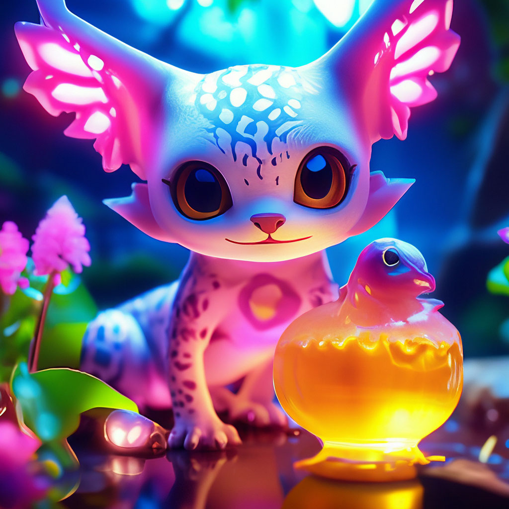 "Hybrid competition. metamorphosis cute cat and axolotl, bright eyes ...
