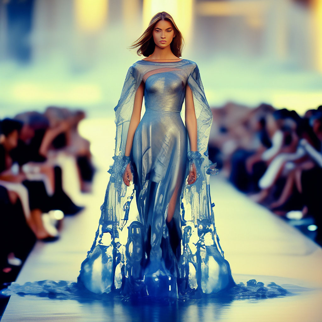"High fashion catwalk water dress. the model depicts water. the image ...