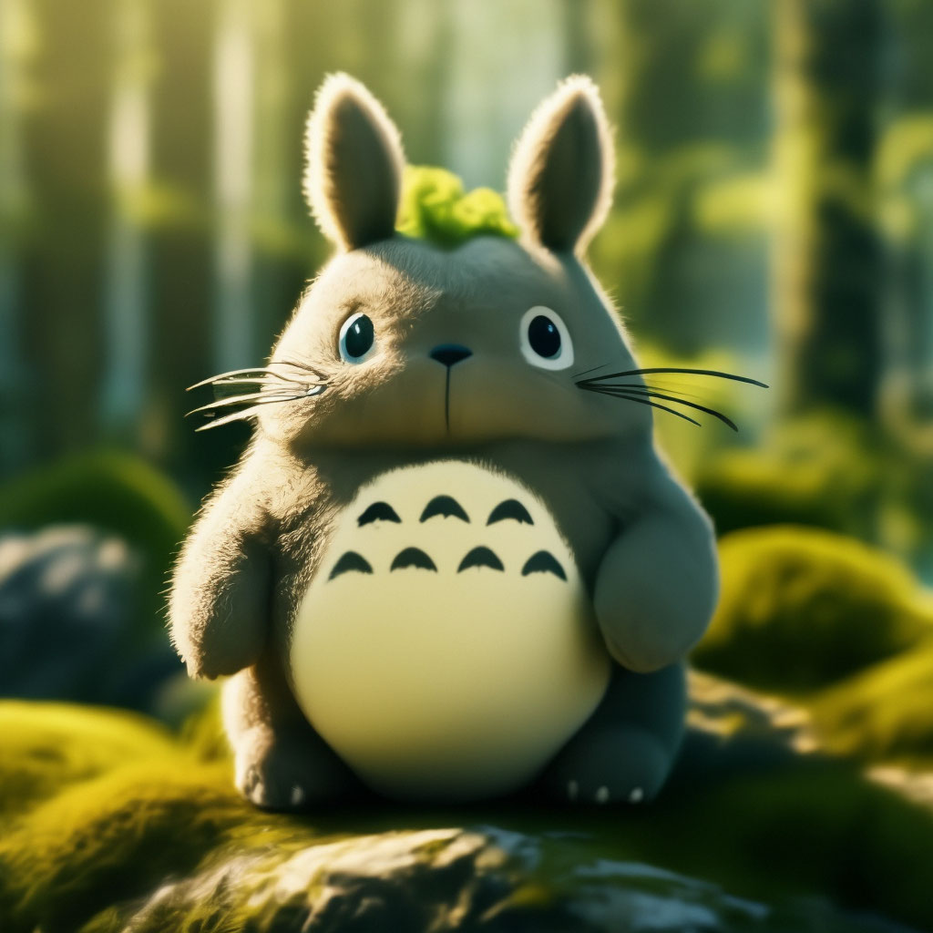 "Huge fluffy cute Totoro is sitting in the forest, plants, trees ...