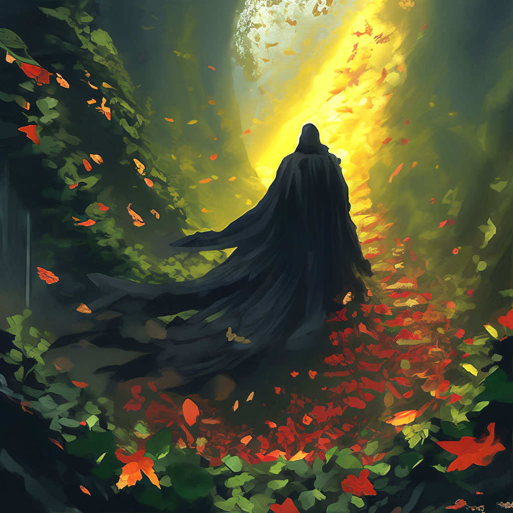 "A huge black figure in flight, a long cloak curls like wings like a ...