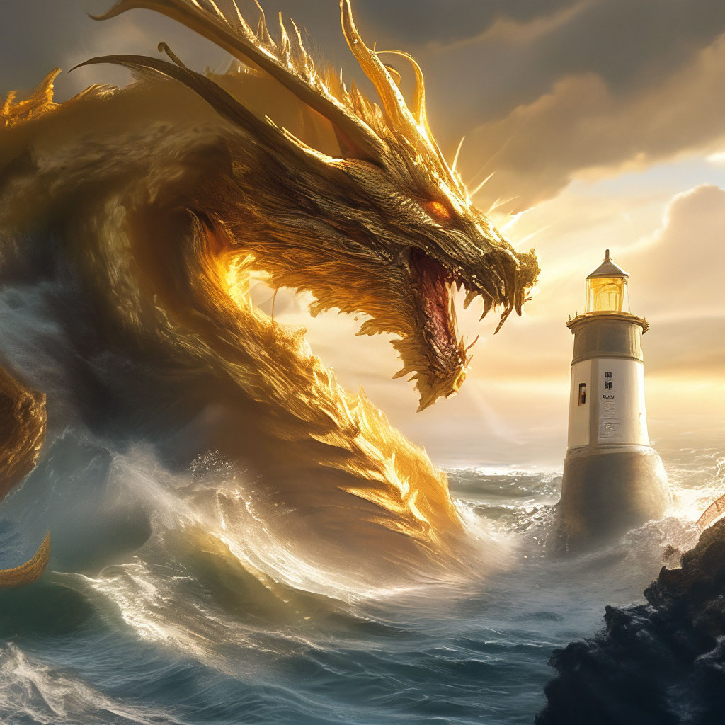 "Dragon and an old lighthouse on a cliff in a raging golden storm,high ...