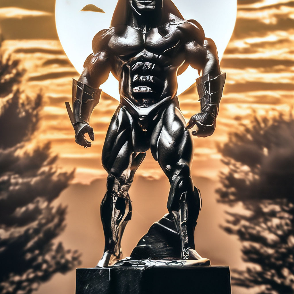 "Predator bodybuilder black and white bronze drawing, beautiful ...