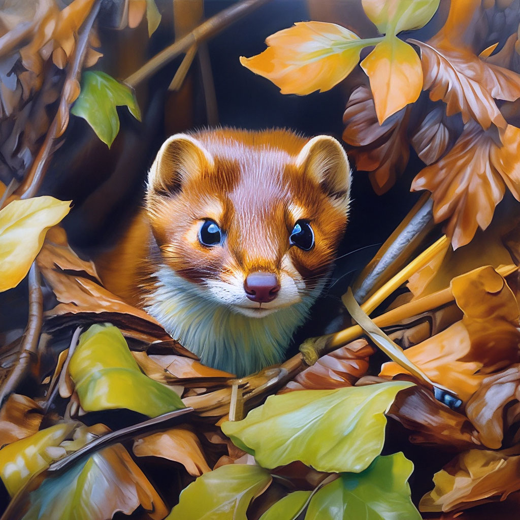 "The weasel hides in the leaves oil painting close-up high detail ...