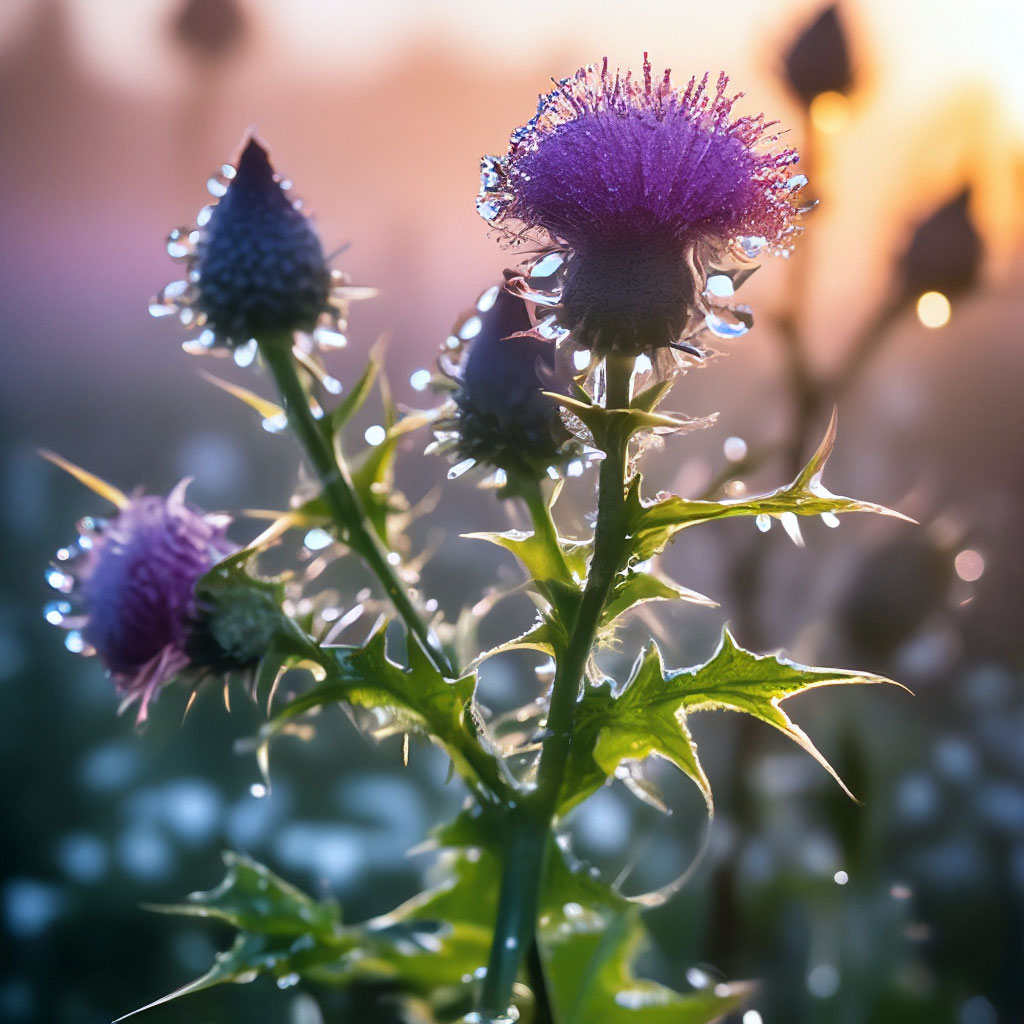 "A thistle bush in the middle of a blooming field, in the rays of dawn ...