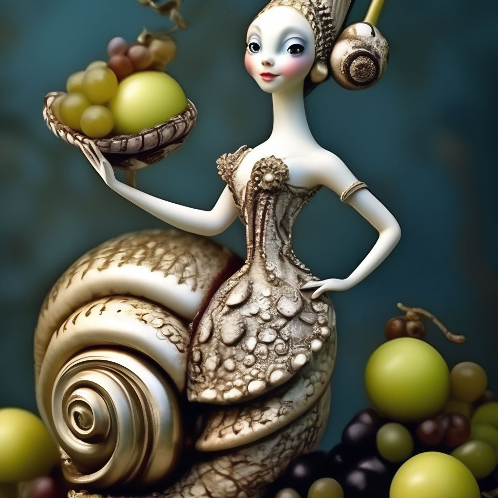"Elegant anthropomorphic snail-ballerina with a female face in the ...