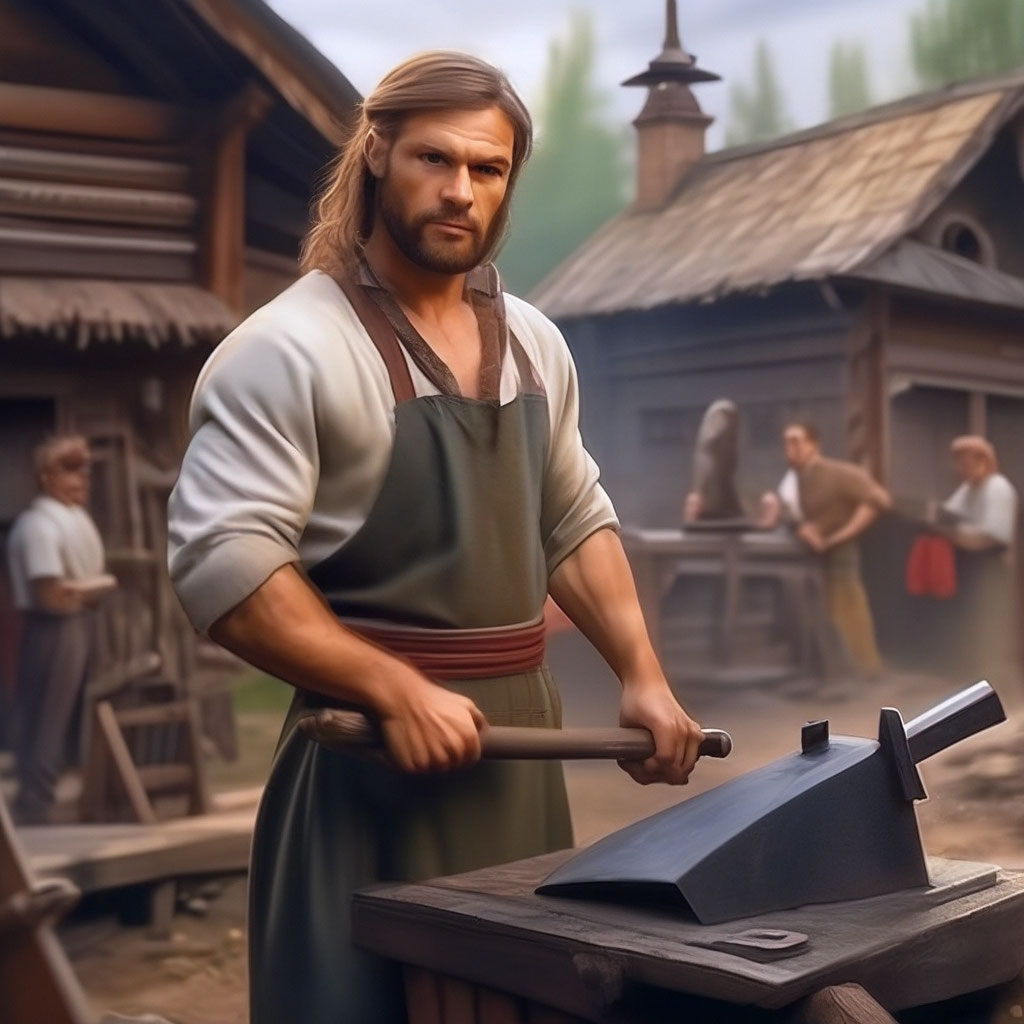 "Realistic photo drawing, high detail, strong man blacksmith, russian ...