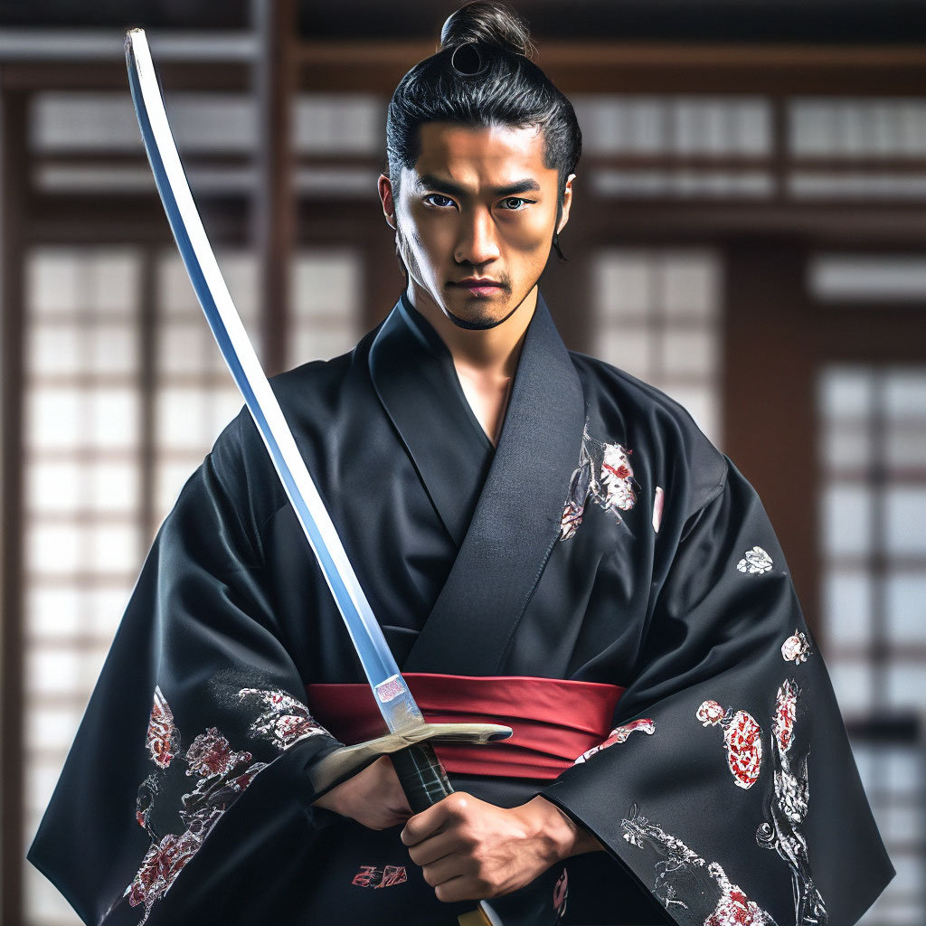 "Humanization of katana A handsome young Japanese man holds a black ...
