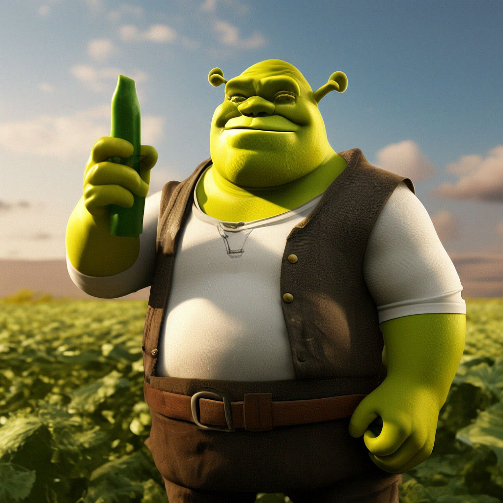 "Shrek shoots cucumber in foam" — image created in Shedevrum