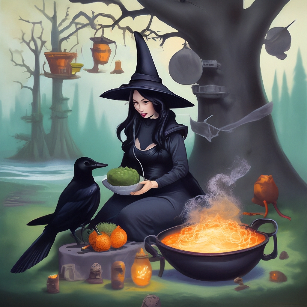 "A witch is cooking a potion in a cauldron, a crow is sitting on a tree ...