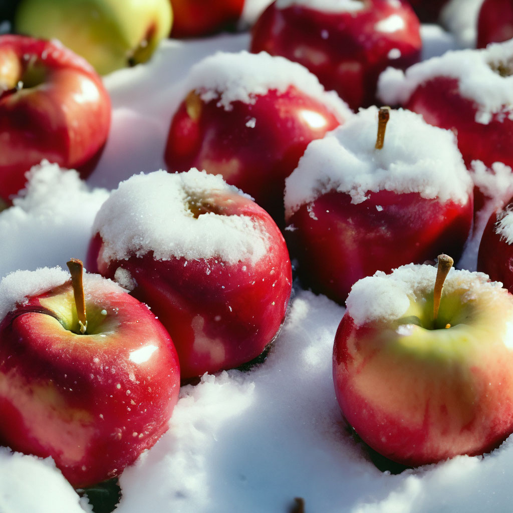 "Apples in the snow, red apples scattered in close-up" — image created ...