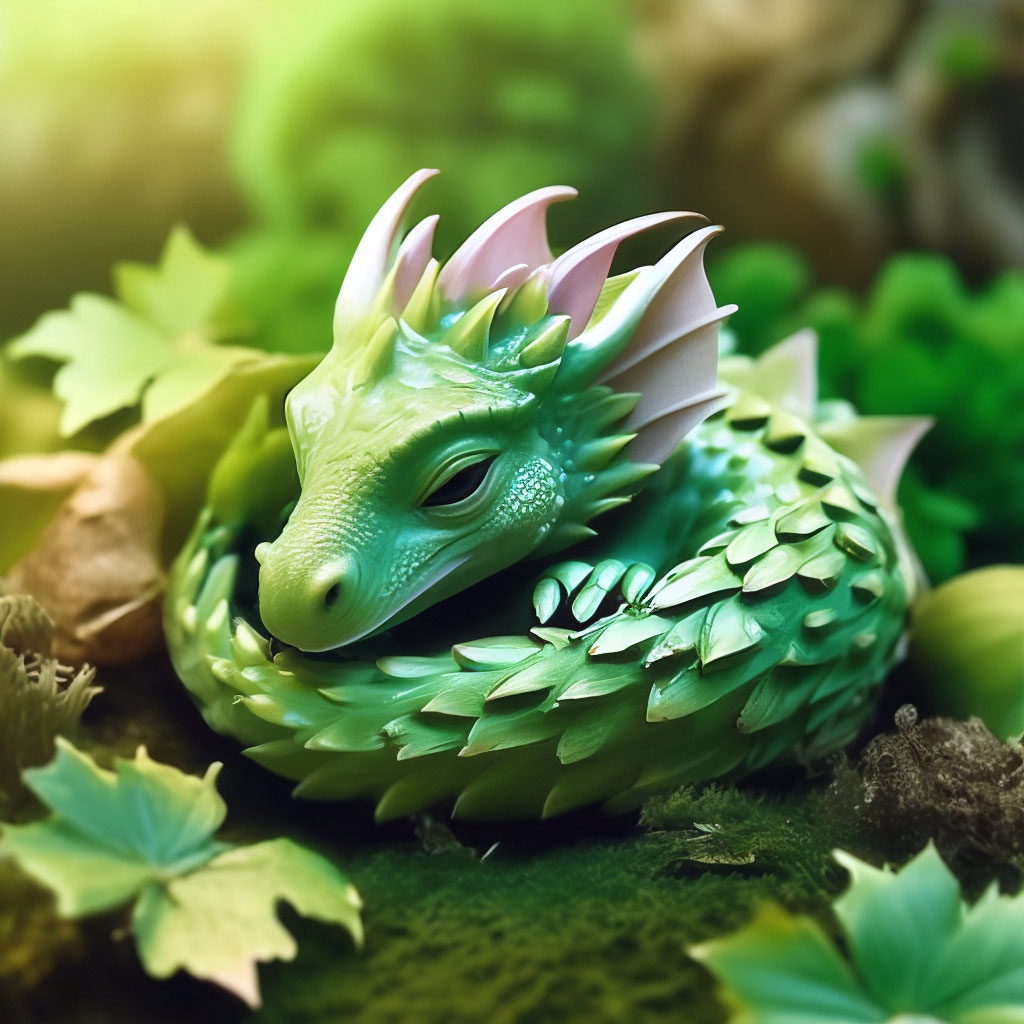 "Realistic,a tiny fairy-tale green flower dragon sleeps under a maple ...