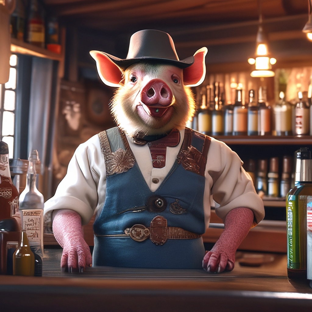 "Pig-man, as a bartender in a saloon, in an apron, in the wild west ...