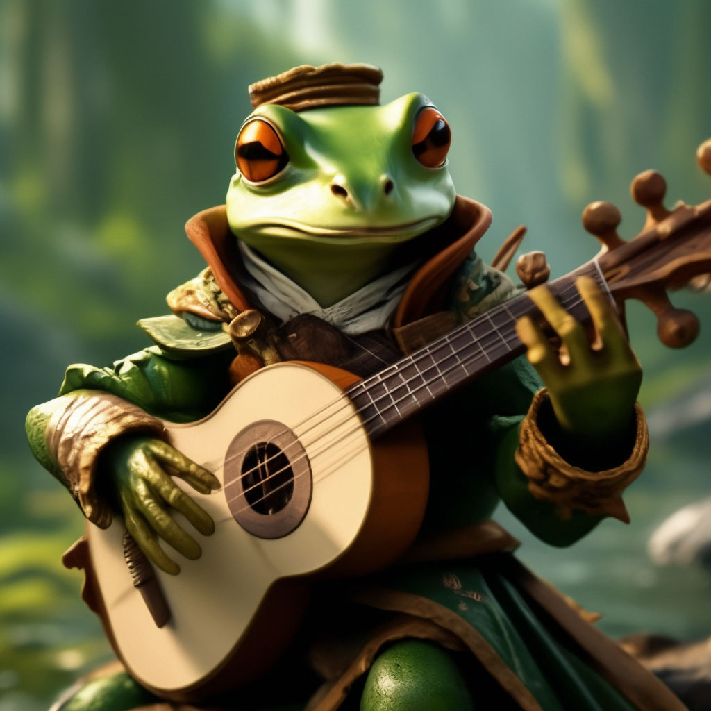 "Frog bard , a fantasy with a lute" — image created in Shedevrum