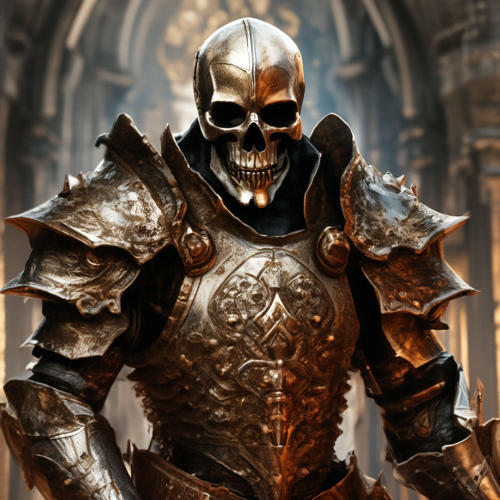 "A powerful skeleton in armor" — image created in Shedevrum