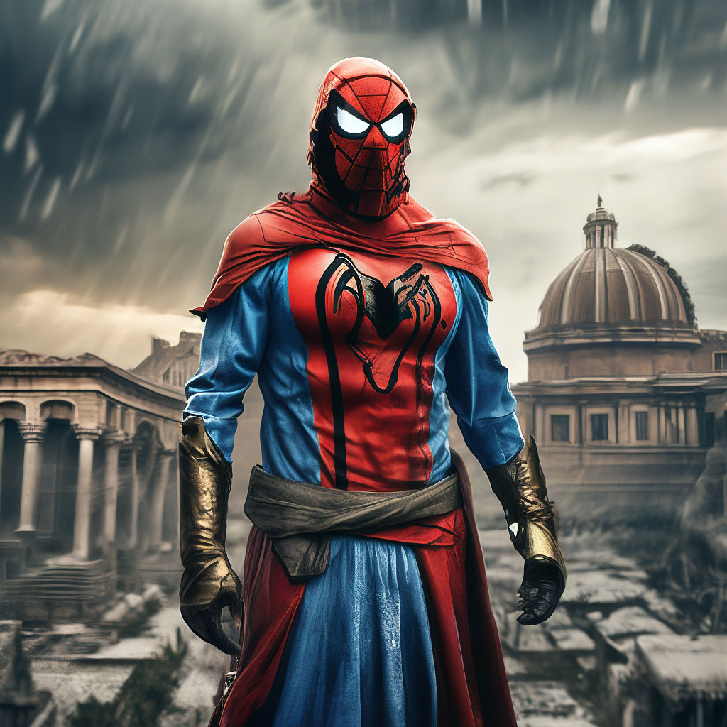 "Roman in the image of spider-man, photo. background ancient rome ...
