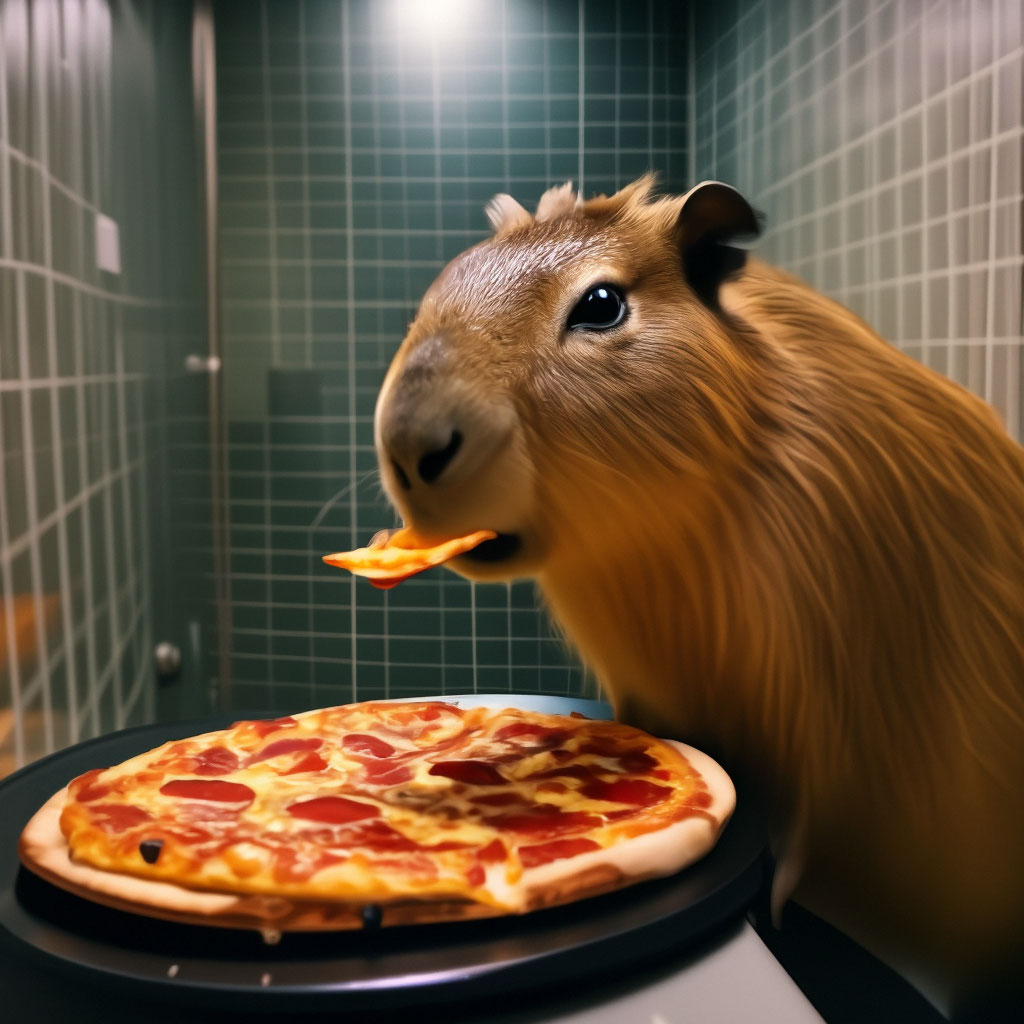 "Capybara eats pizza in the toilet" — image created in Shedevrum
