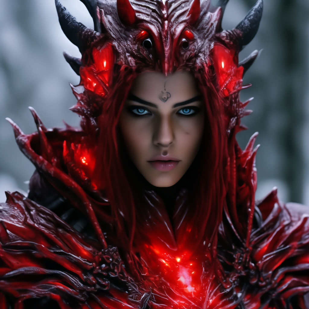 "Dragon necromancer woman, red snow, body realism, living real face ...