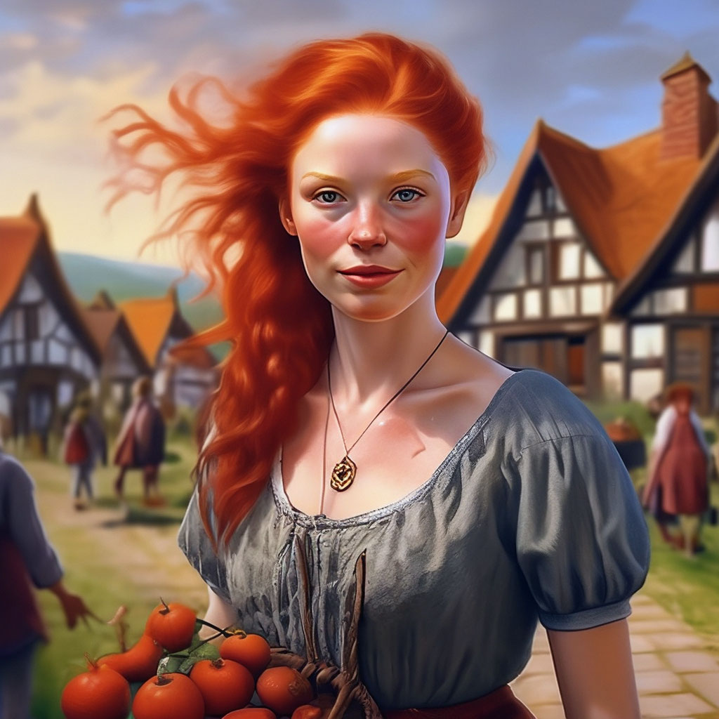 "Red-haired witch with freckles, in the village, hyperrealism" — image ...