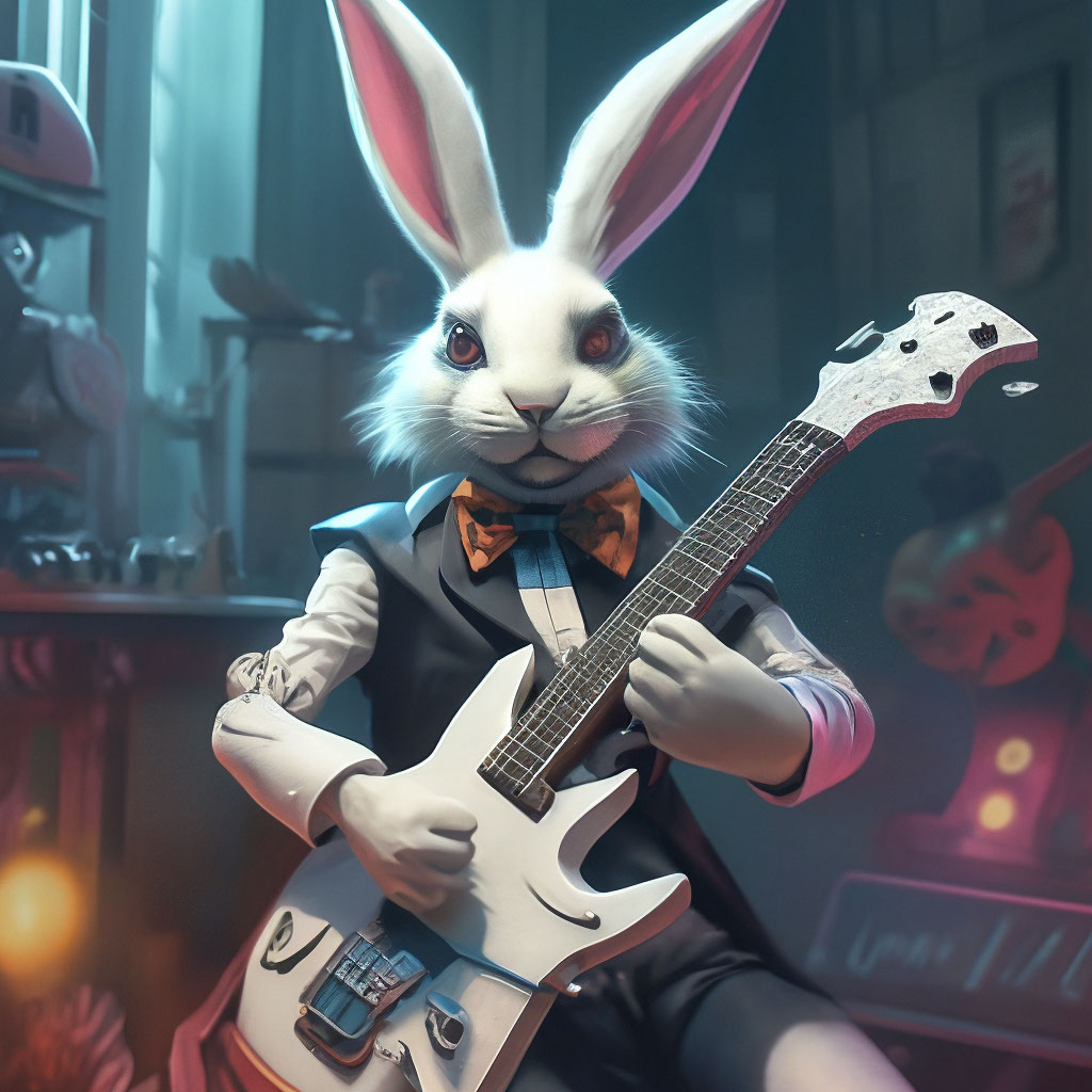 "Animatronic hare, with bow tie,electric guitar, horror,punk" — image ...