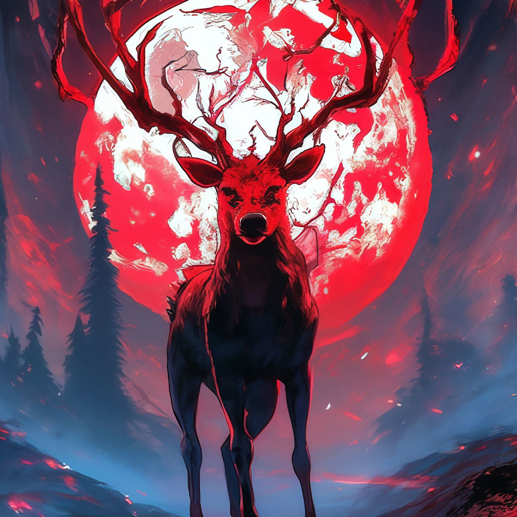 "Best quality, red moon deer, red theme, glowing eyes, red eyes, red ...