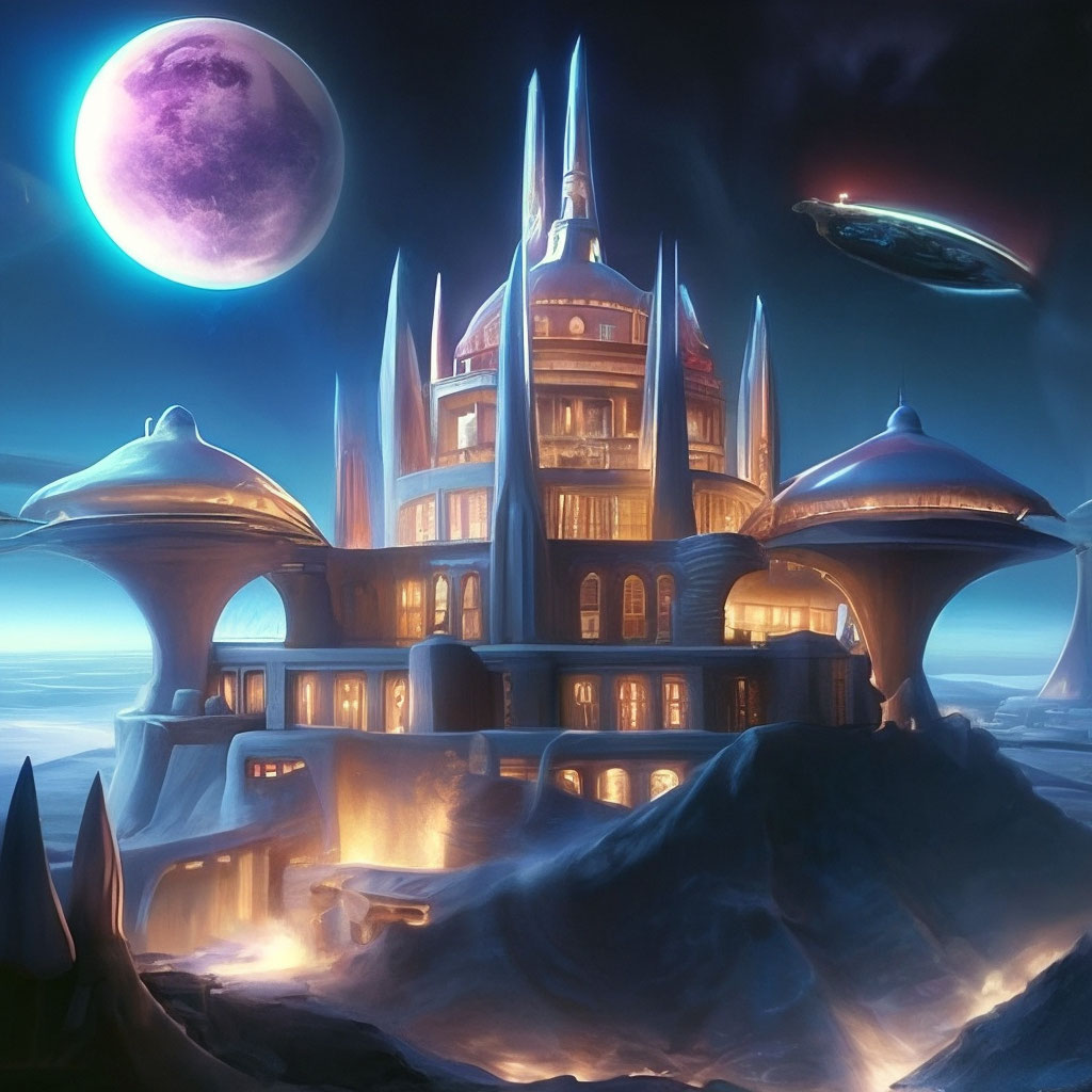 "Good night, good dreams, alien castle" — image created in Shedevrum