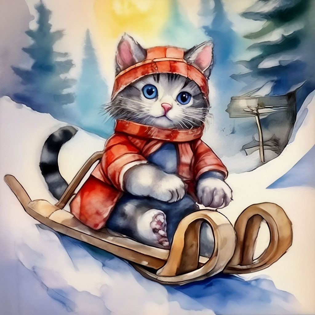 "A cat on a sled Professional watercolor, happy cute cat sledding down ...