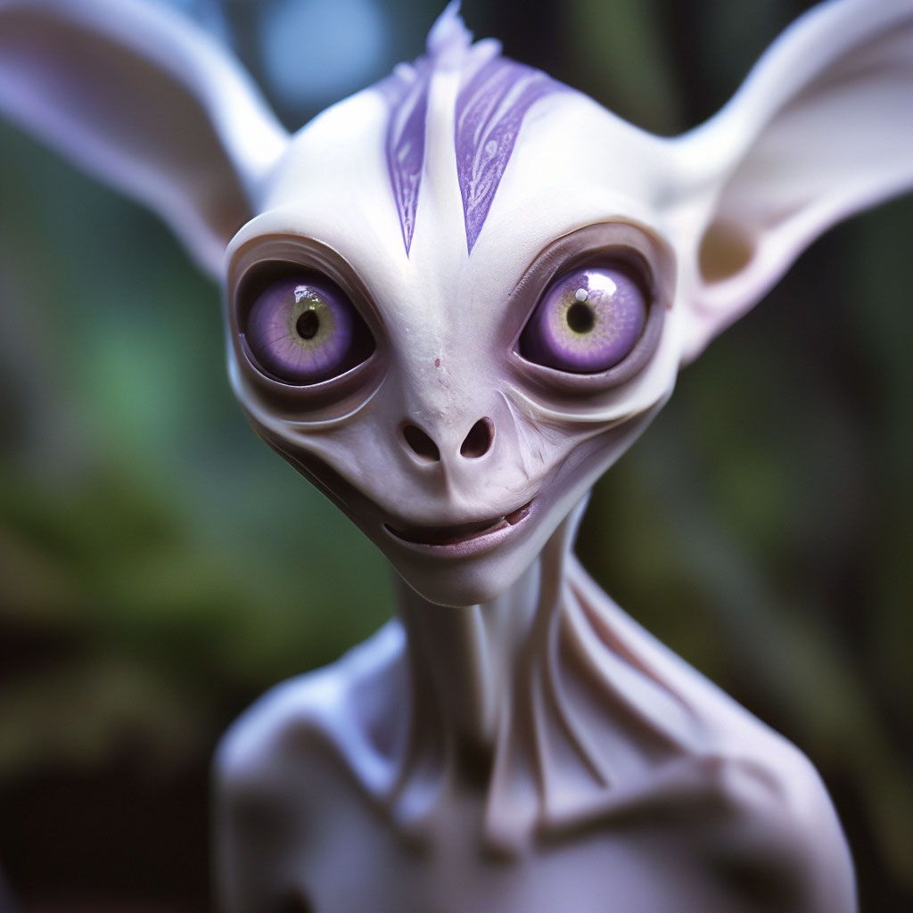 "Alien creature, shaggy eyebrows, slit-like lilac eyes, pointed ears ...