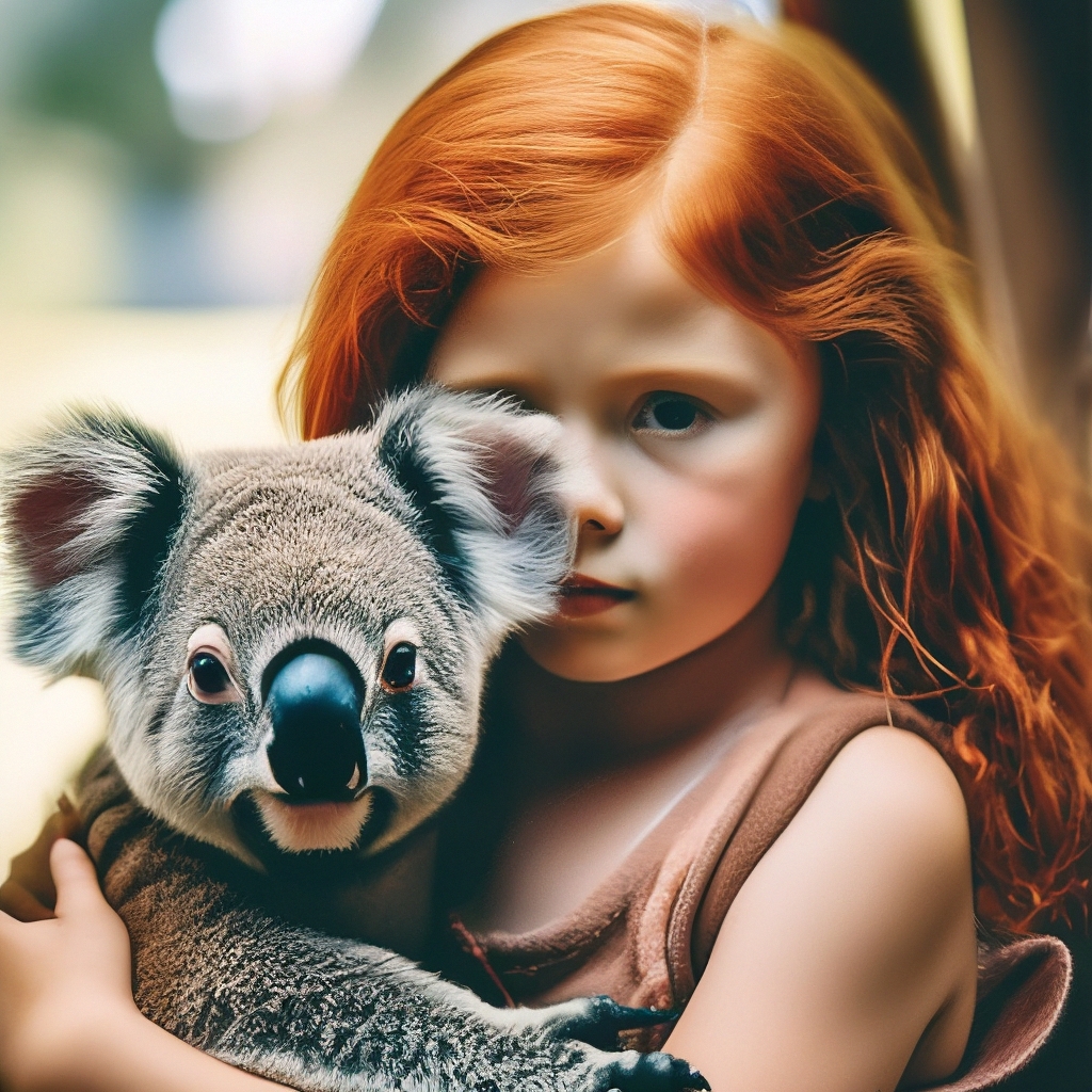 "Little red-haired girl sitting next to a koala, 4k, professional photo ...
