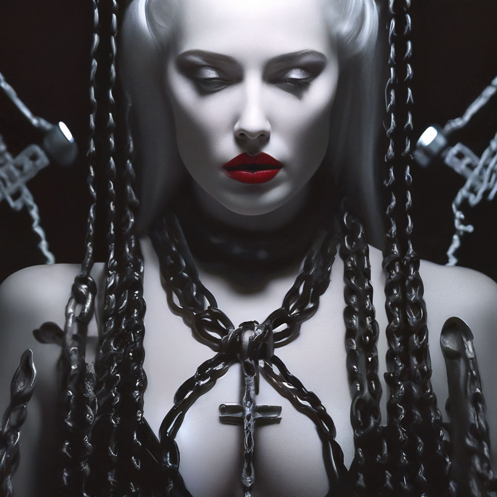 "Black N.N.S. mercy, white face, closed black clothes, crosses and chains, …" — image created in ...