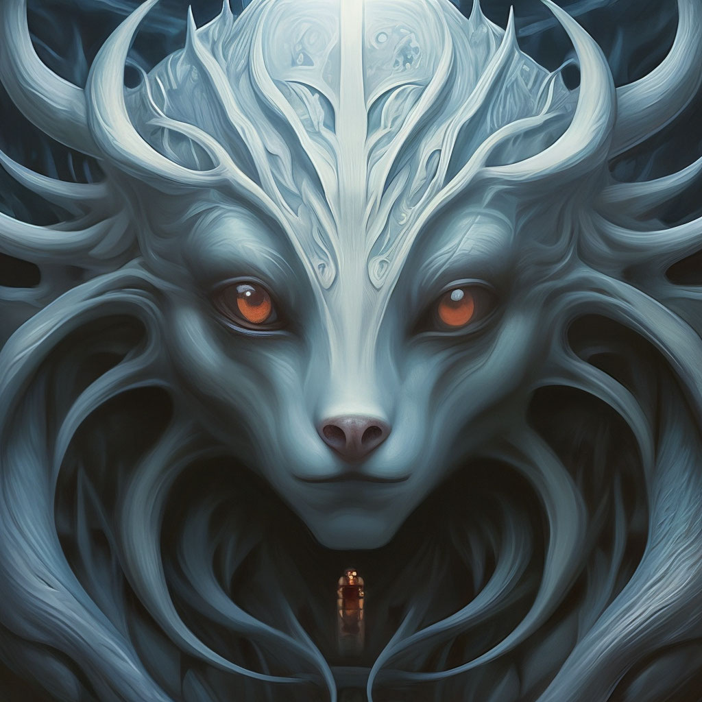 "The face of a creature with a hypnotic gaze" — image created in Shedevrum