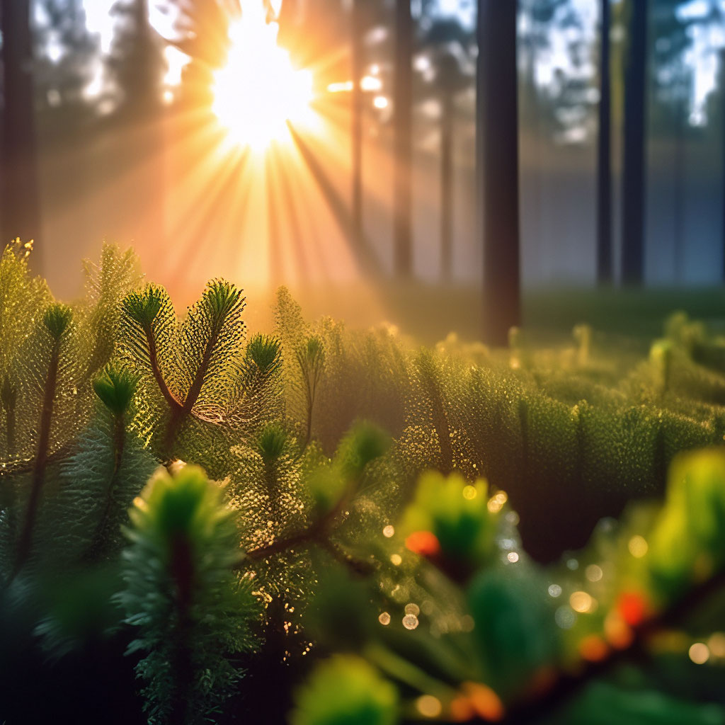 "Morning pine forest, sunrise, haze in the forest, nebula, the rays of ...