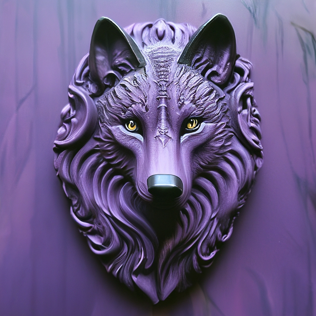 "Carved lavender purple black wolf in the fog" — image created in Shedevrum
