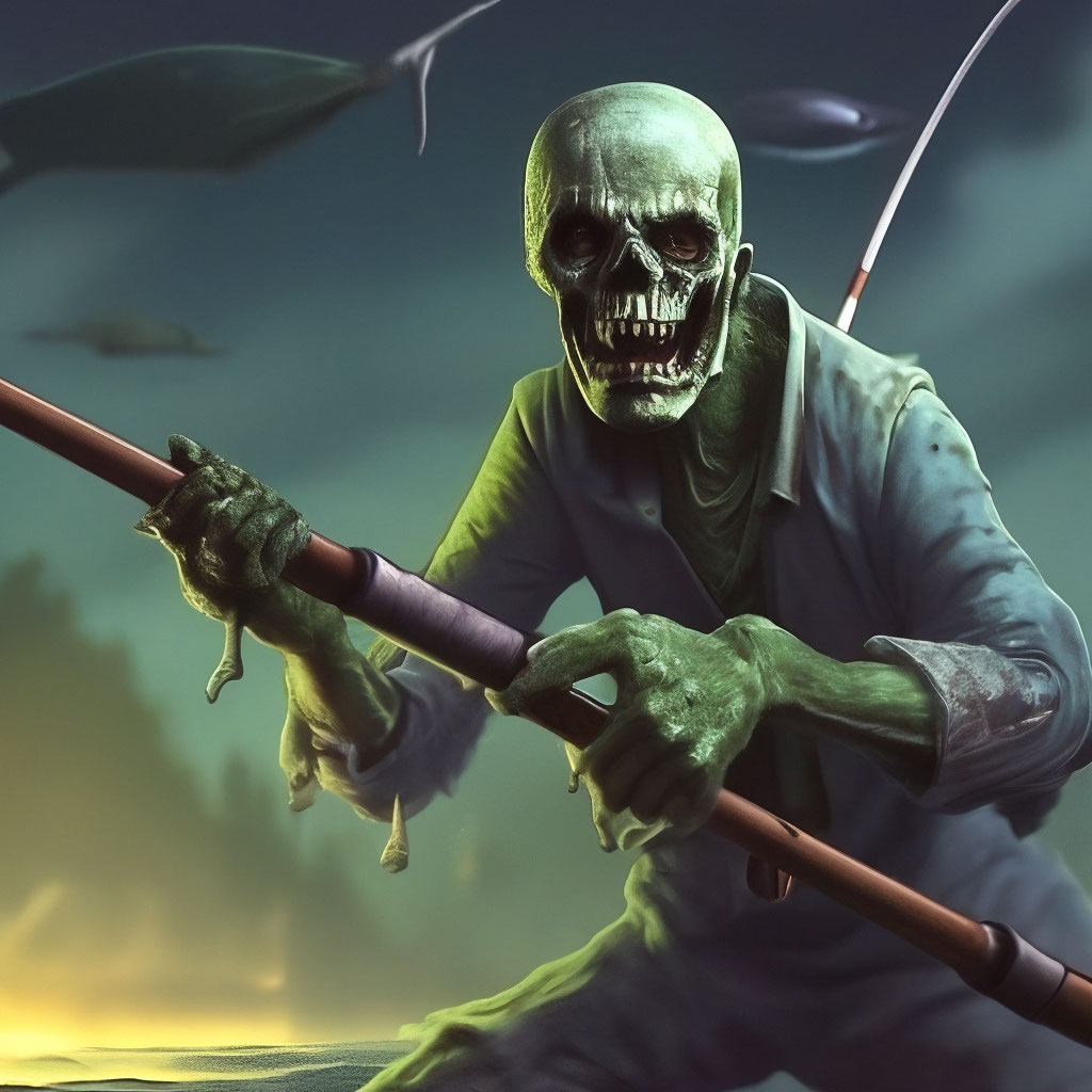 "Zombie fishing with a fishing rod large" — image created in Shedevrum