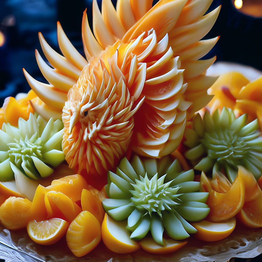 "Culinary carving made of fresh fruits to decorate a festive table ...