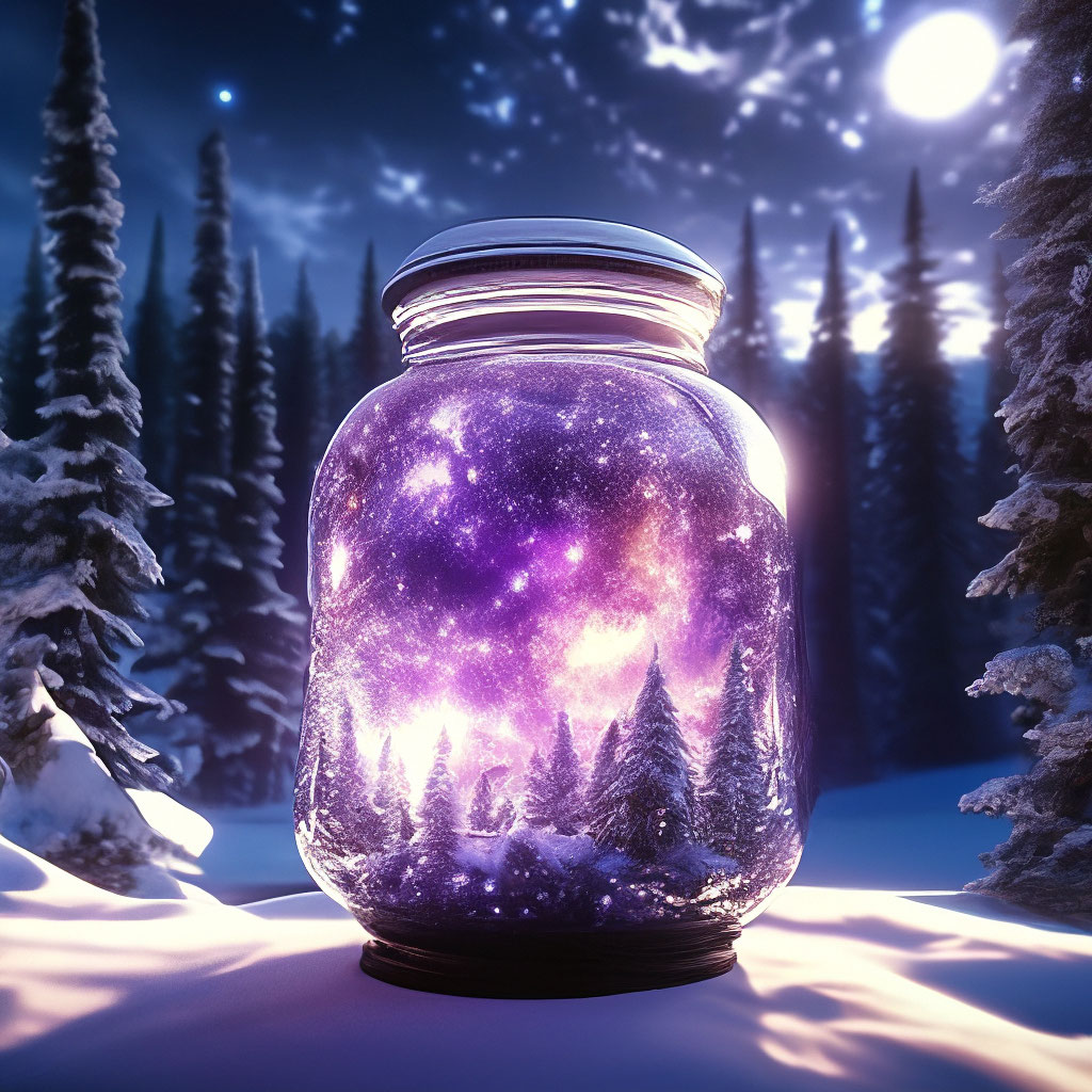 "An epic crystal jar with a glowing galaxy inside, planets, satellites ...