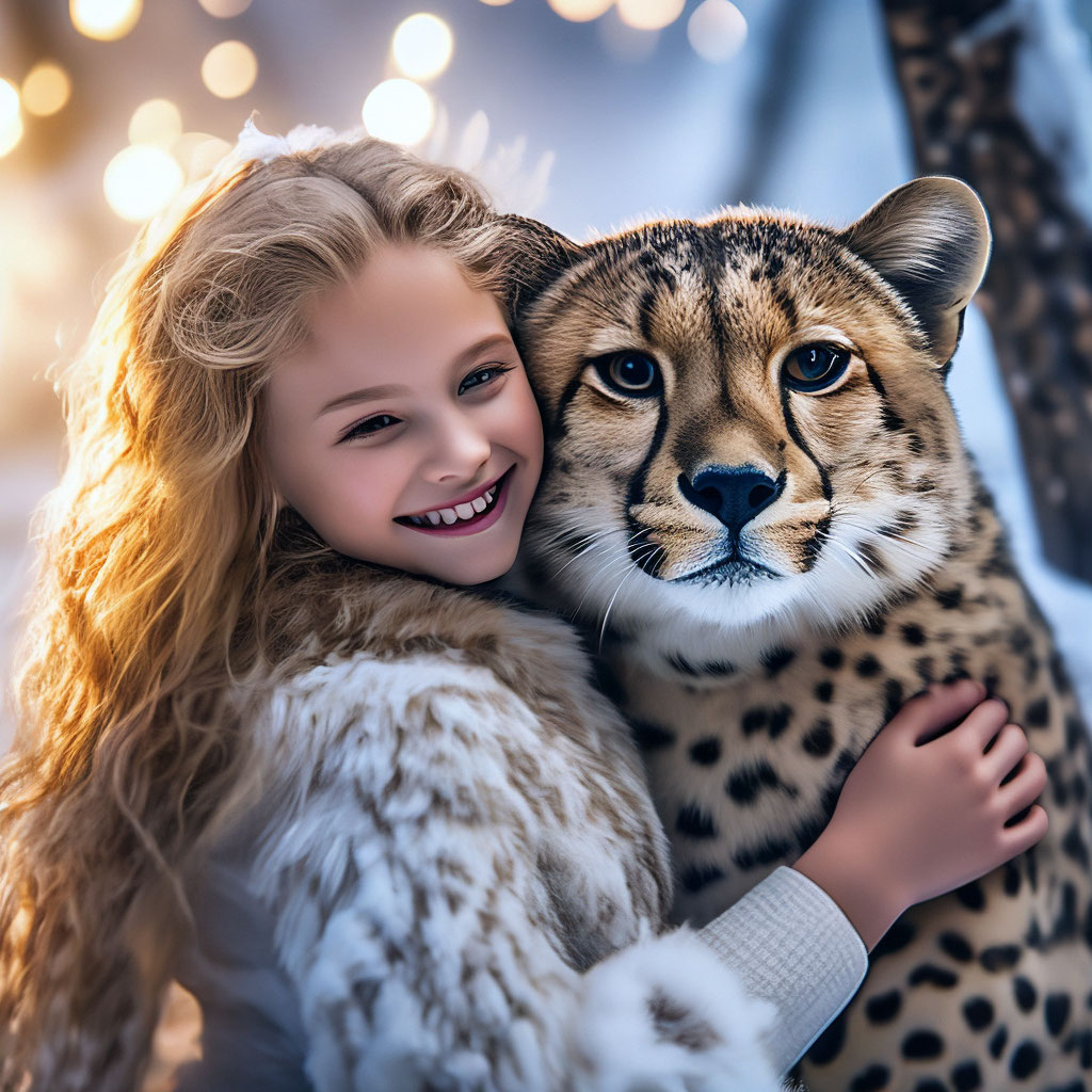 "White astral fog, golden-haired girl happily smiles and hugs a cheetah ...