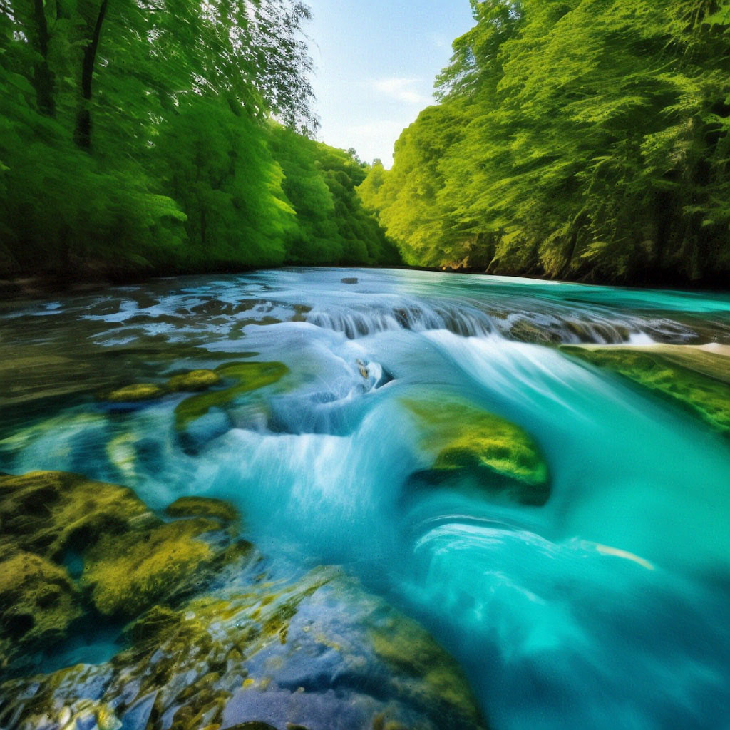 "Rushing fish, a river overflowing its banks, consisting of transparent ...