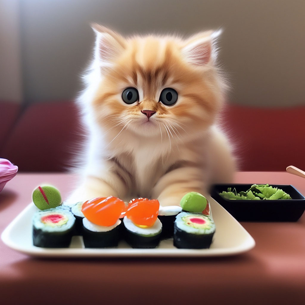 "Fluffy kitten eats sushi" — image created in Shedevrum