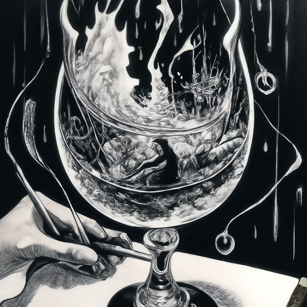 "Splash witchcraft into the crystal gloom of a glass, allegory, drawing ...