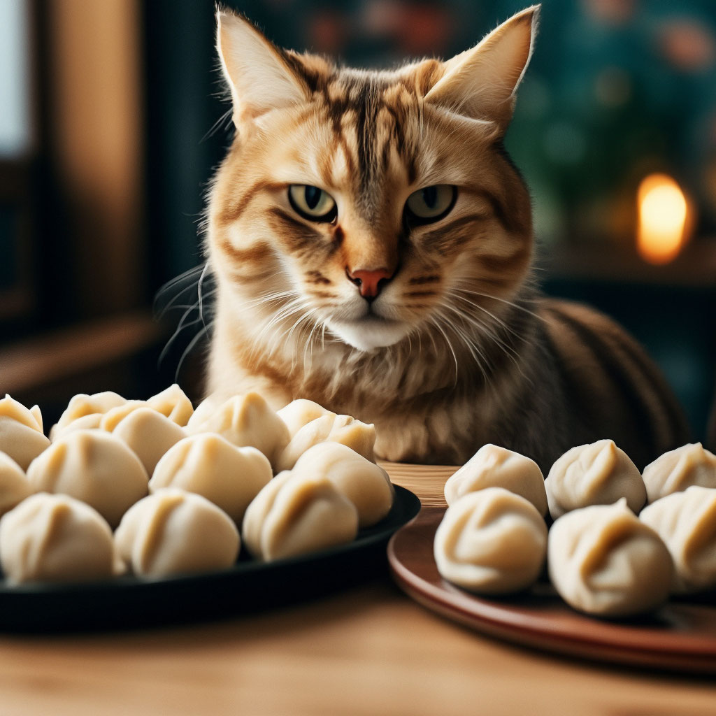 "The cat looks at the big dumplings and licks his lips" — image created ...