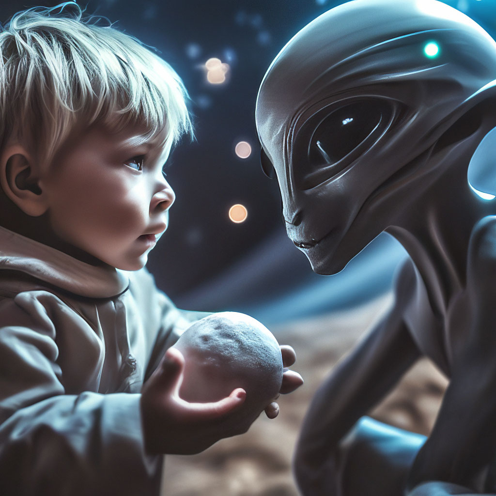 "Alien child playing with man, space, moon, stars, 1024k, high ...
