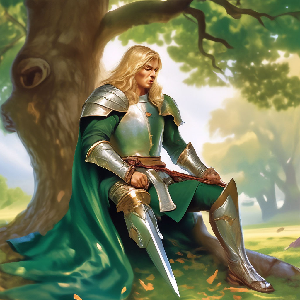 "A knight in beautiful new armor sits under an oak tree and holds a two ...