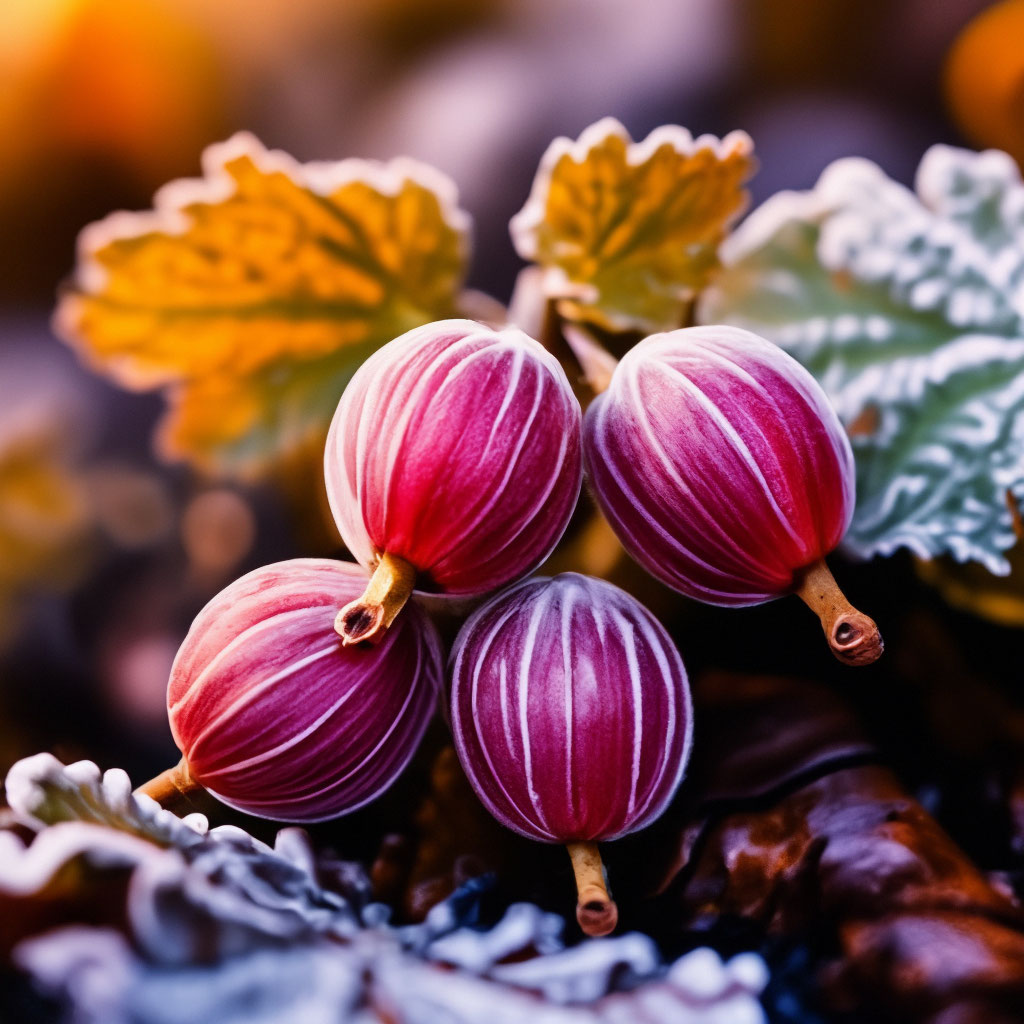 "Gooseberry, berries, large leaves autumn,frost, mysticism,fantasy ...