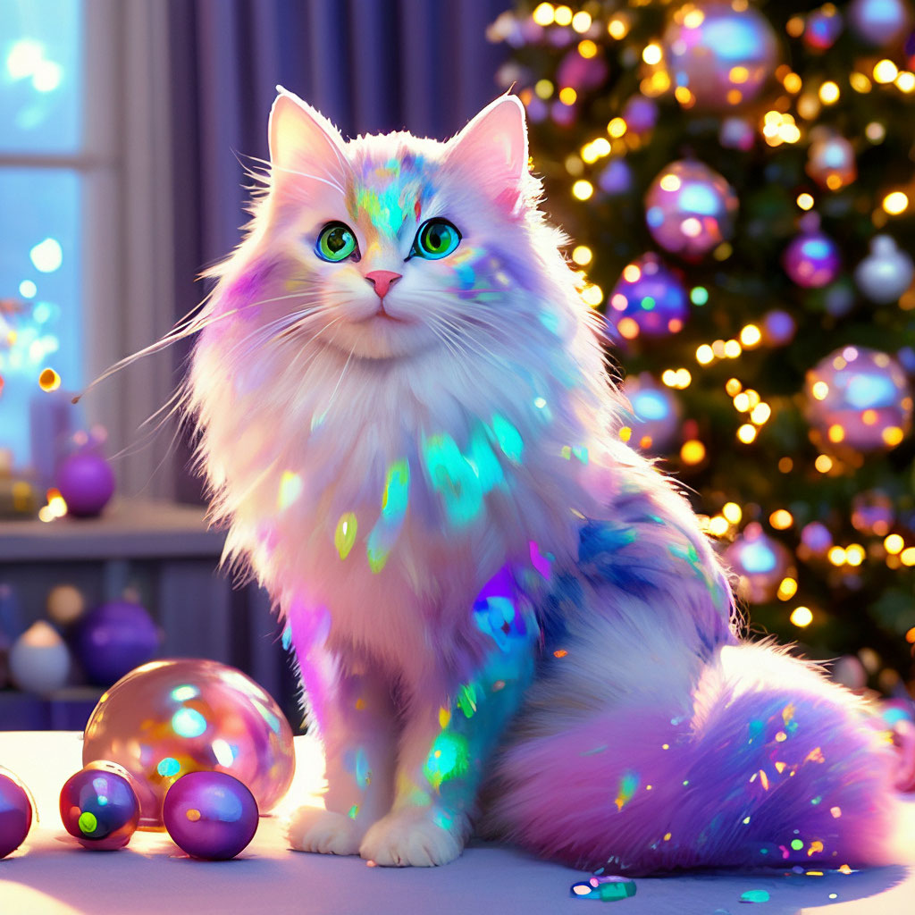 "Mother-of-pearl with iridescent fluffy cat meikun, near the Christmas ...