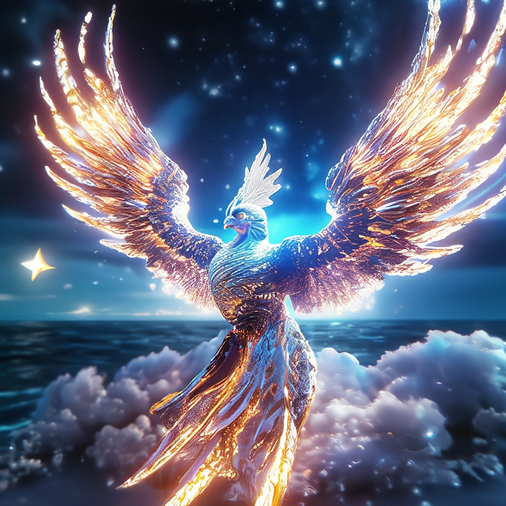 "Epic crystal phoenix with the cosmos glowing inside, stars, galaxies ...