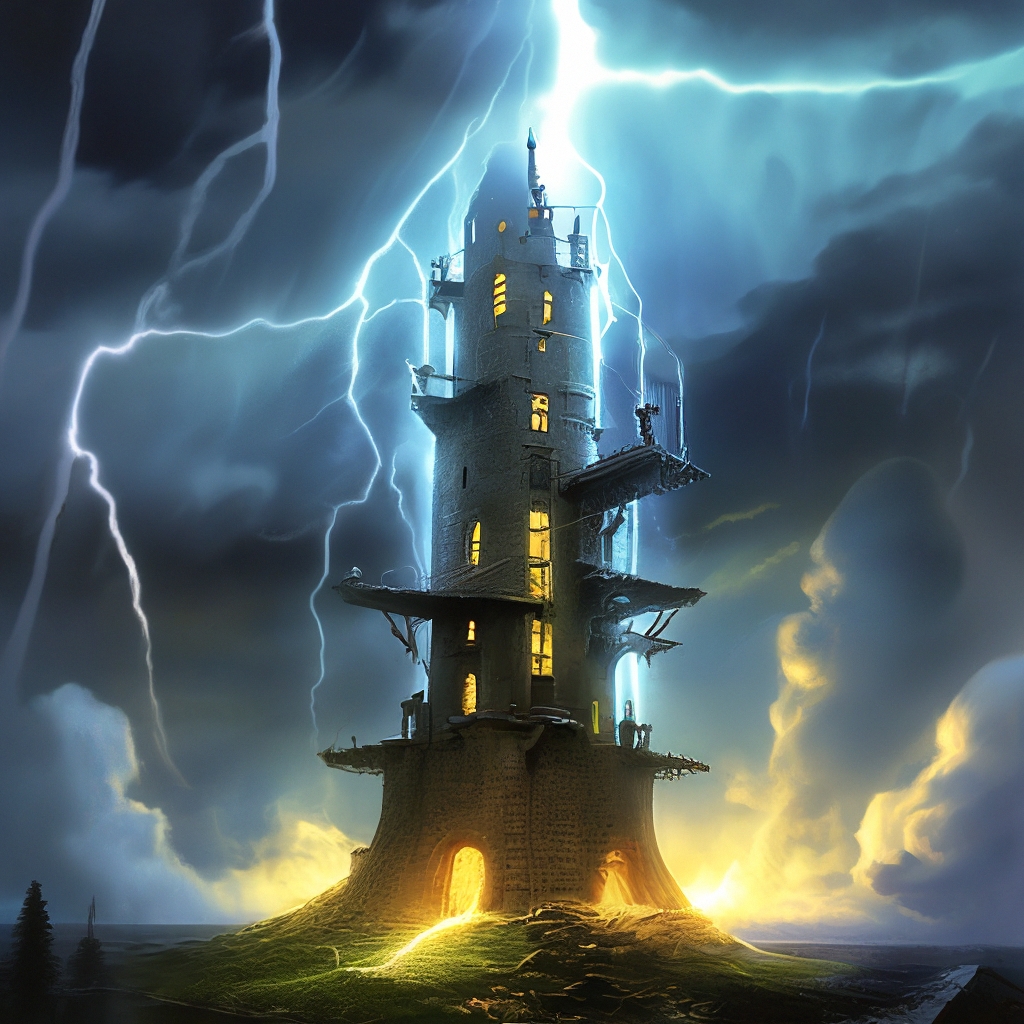 "Mad scientist stone tower, wires, lightning rods, night, clouds ...