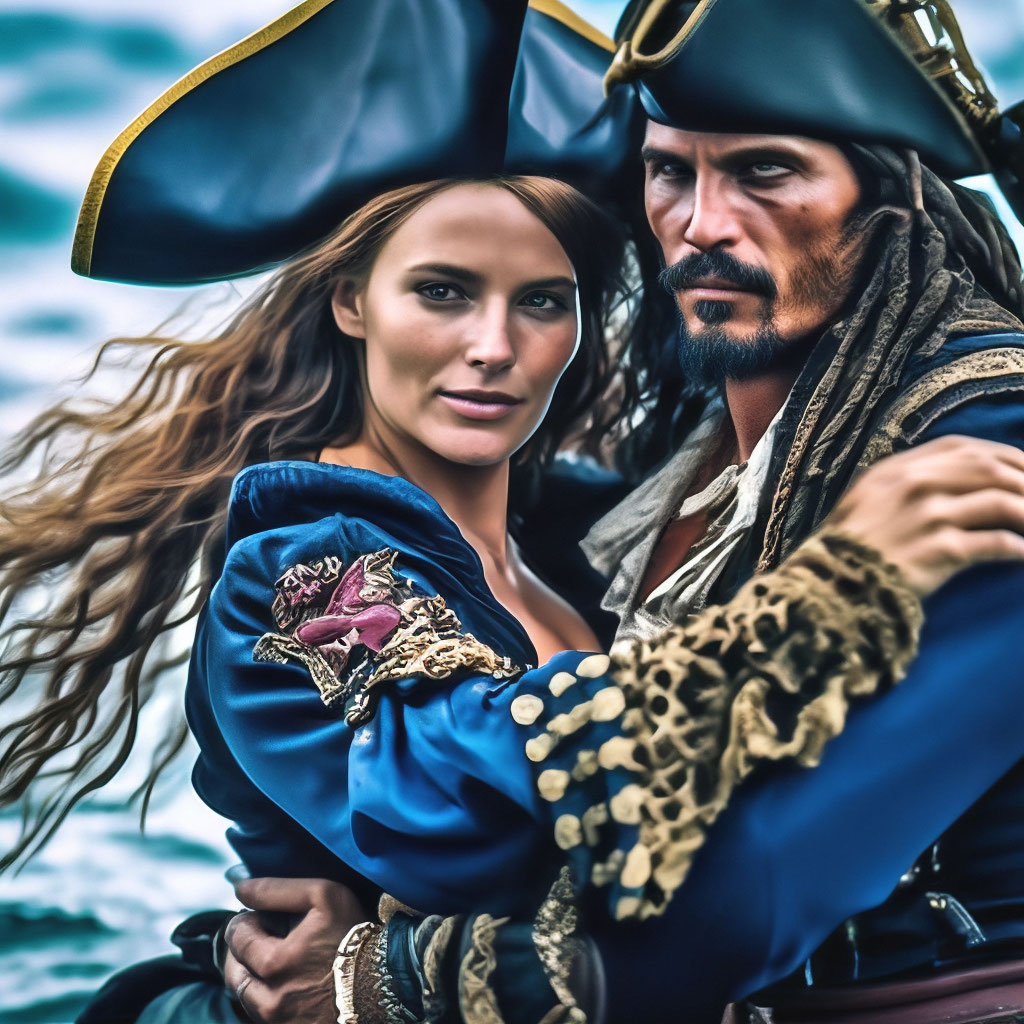 "A pirate and a female combat pirate in an embrace, pirates of the seas ...