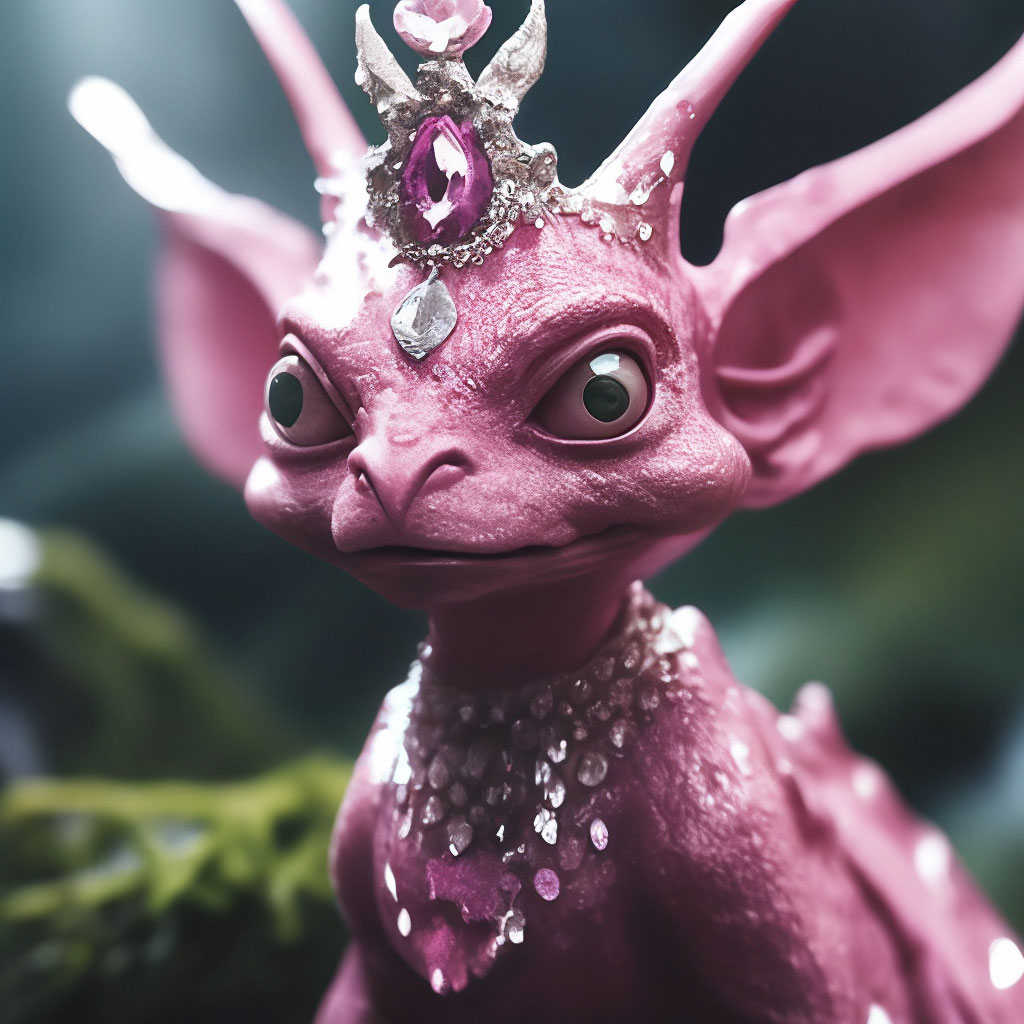 "Pink gremlin with diamond crown" — image created in Shedevrum